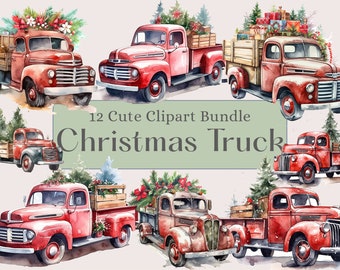 Christmas Truck 23 Jpgs High Quality, Watercolor Clipart Bundle, Red ...
