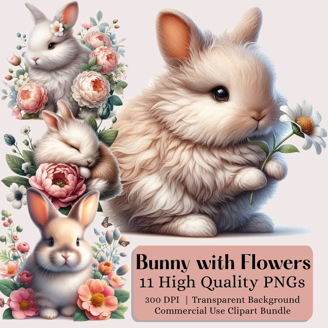 Bunny and Flower Clipart 11 High Quality Jpgs Digital Illustration ...