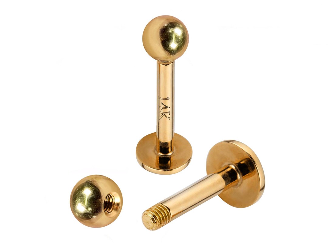 14K Gold Labret Stud Piercing - Flat Back Barbell 16G 14G Size 6mm, 8mm ...