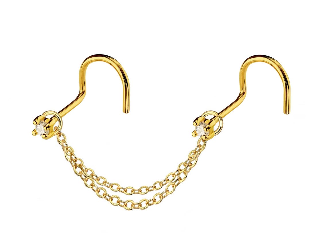 14K Gold Nasallang Piercing: Crystal Nose Stud Chain (20-60mm) - Etsy
