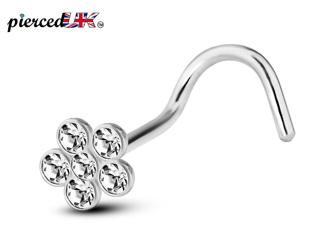 Nostril Screw, Nostril Ring - Curved Nose Jewelry With Clear CZ Flower ...