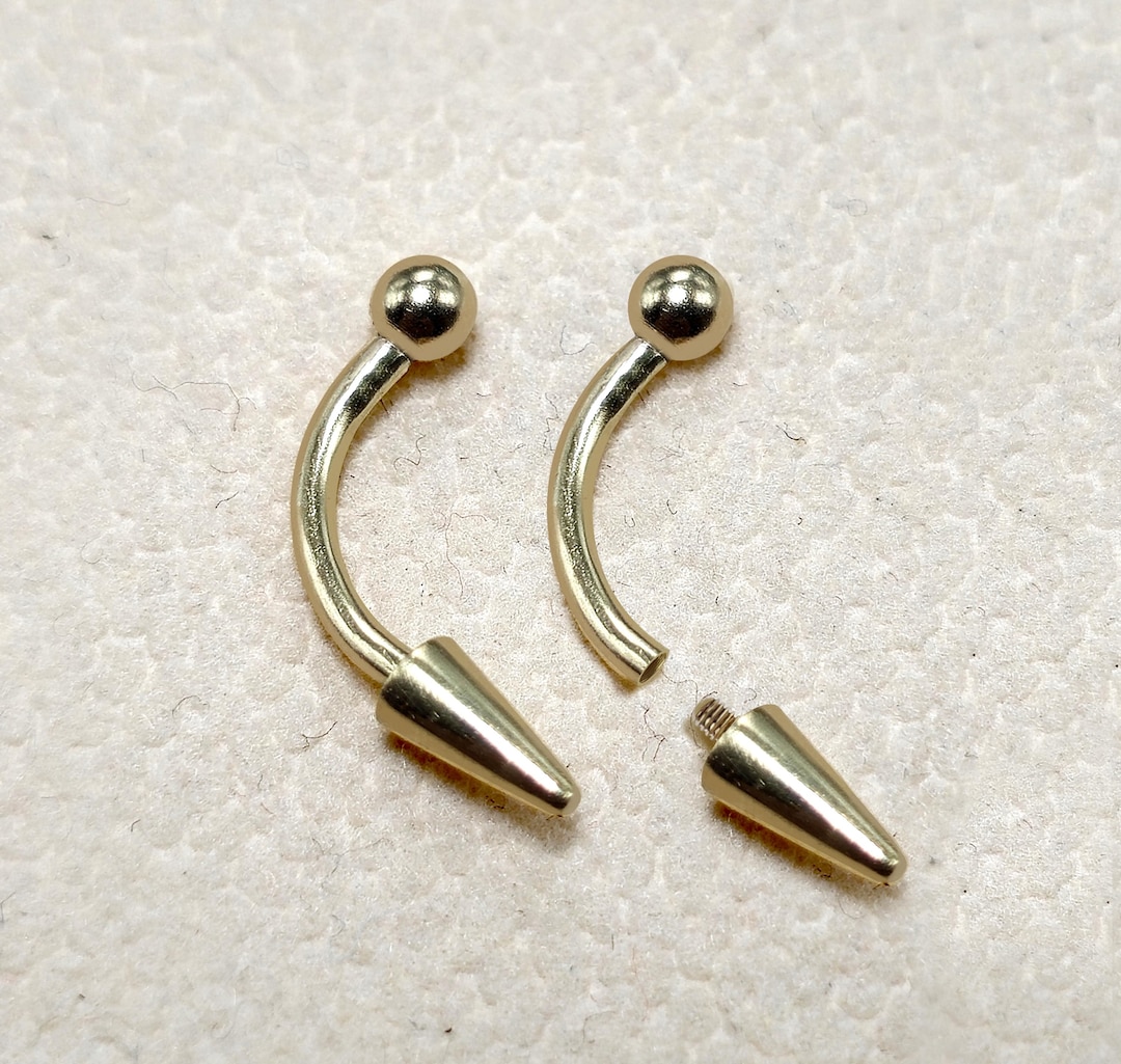 14K Solid Gold Internal Threaded Spike Curved Barbell, Vertical Labret ...