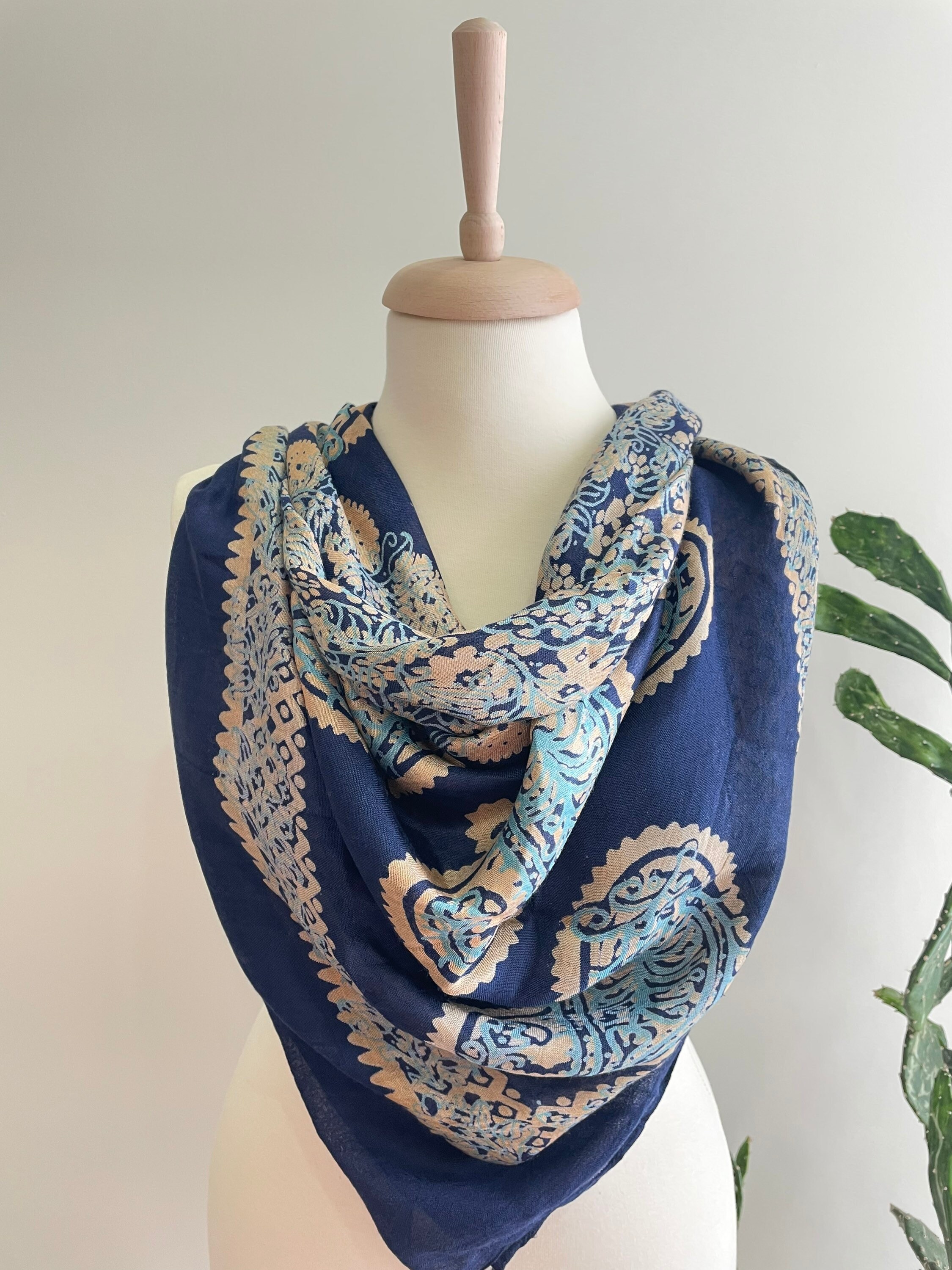 Blue Bohemian Neck Scarf, Silk Scarf, Silk Scarf Blue, 100% Silk Woman ...