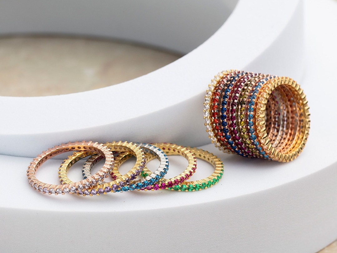 14K Gold Full Eternity Birthstone Ring, Stackable Gemstone Band - Etsy