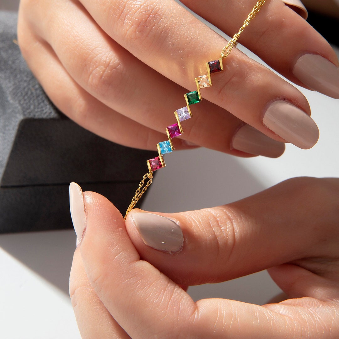 14K Gold Birthstone Family Bracelets for Mothers, Princess Shaped ...