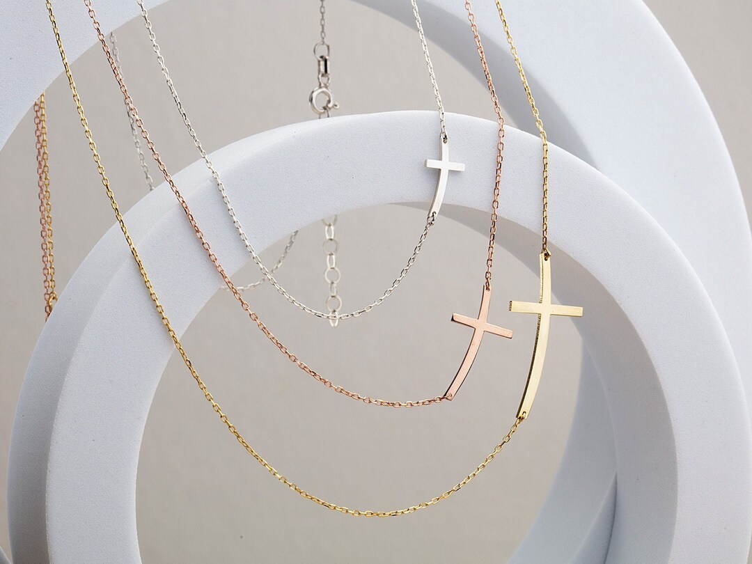 14K Solid Gold Cross Necklace, Sideways Curve Cross Necklaces, 18K ...