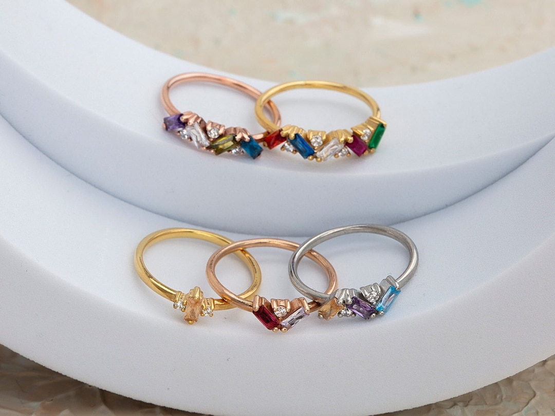 14K Solid Gold Multi Birthstone Ring, Baguette Cut Gemstone Ring ...