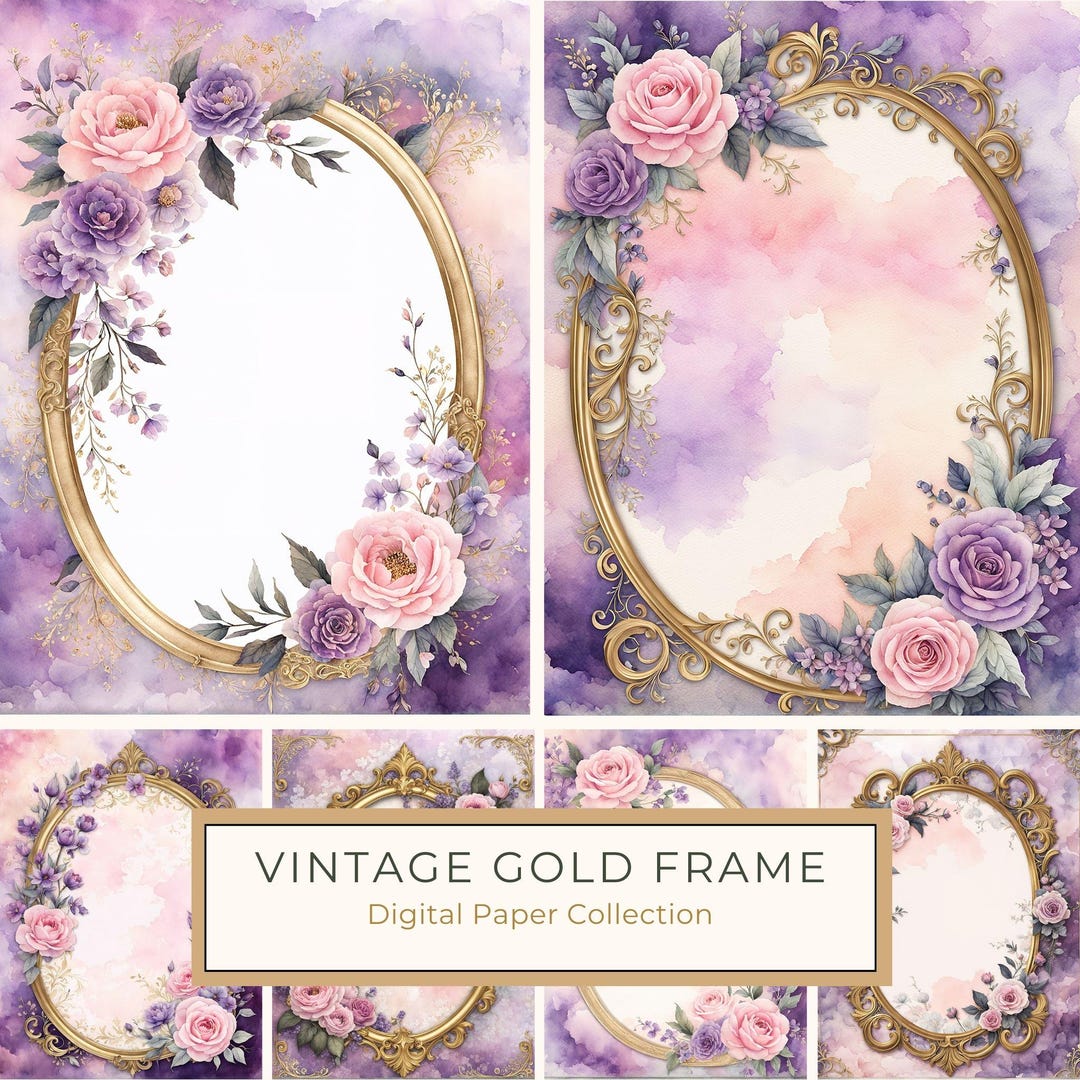 Watercolor Rose Frame: Pink Purple Floral Oval (10 JPG Digital Papers ...