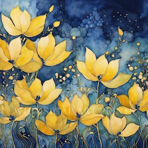 Navy Twilight Abstract Floral Digital Paper Set, Watercolor Washes ...