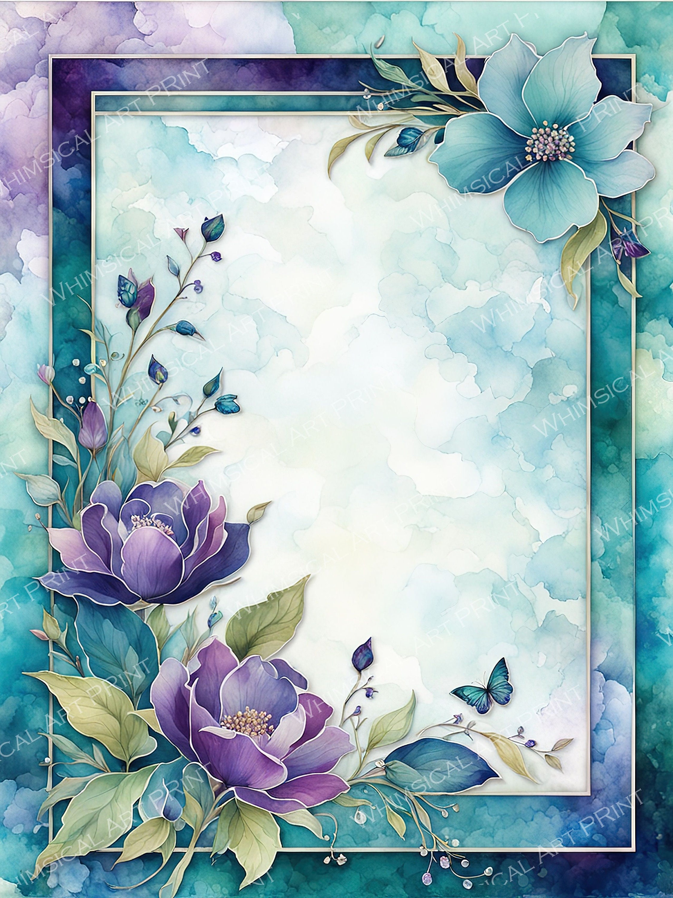 Watercolor Violet Floral Frame Digital Paper Pack, Deep Teal Accents ...