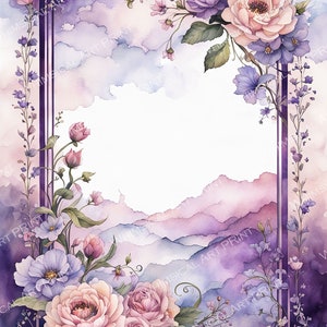 Watercolor Boho Purple Floral Frame Digital Paper Pack, Wedding ...