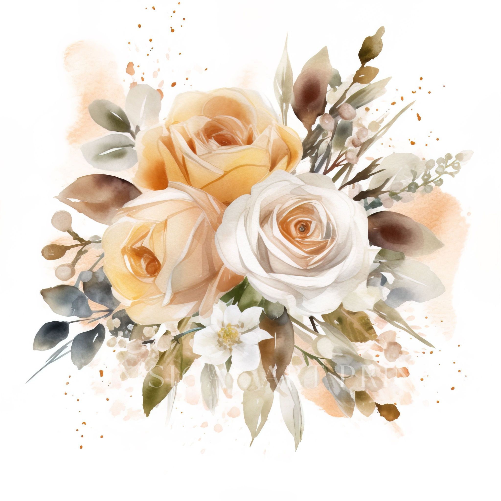 Rustic Roses Clipart, Watercolor Flowers, Ochre Beige Roses Bouquet ...