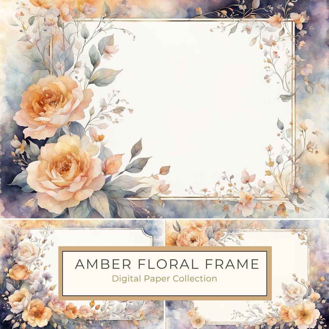 Watercolor Floral Frame Digital Paper: Amber & Silver Borders (digital ...