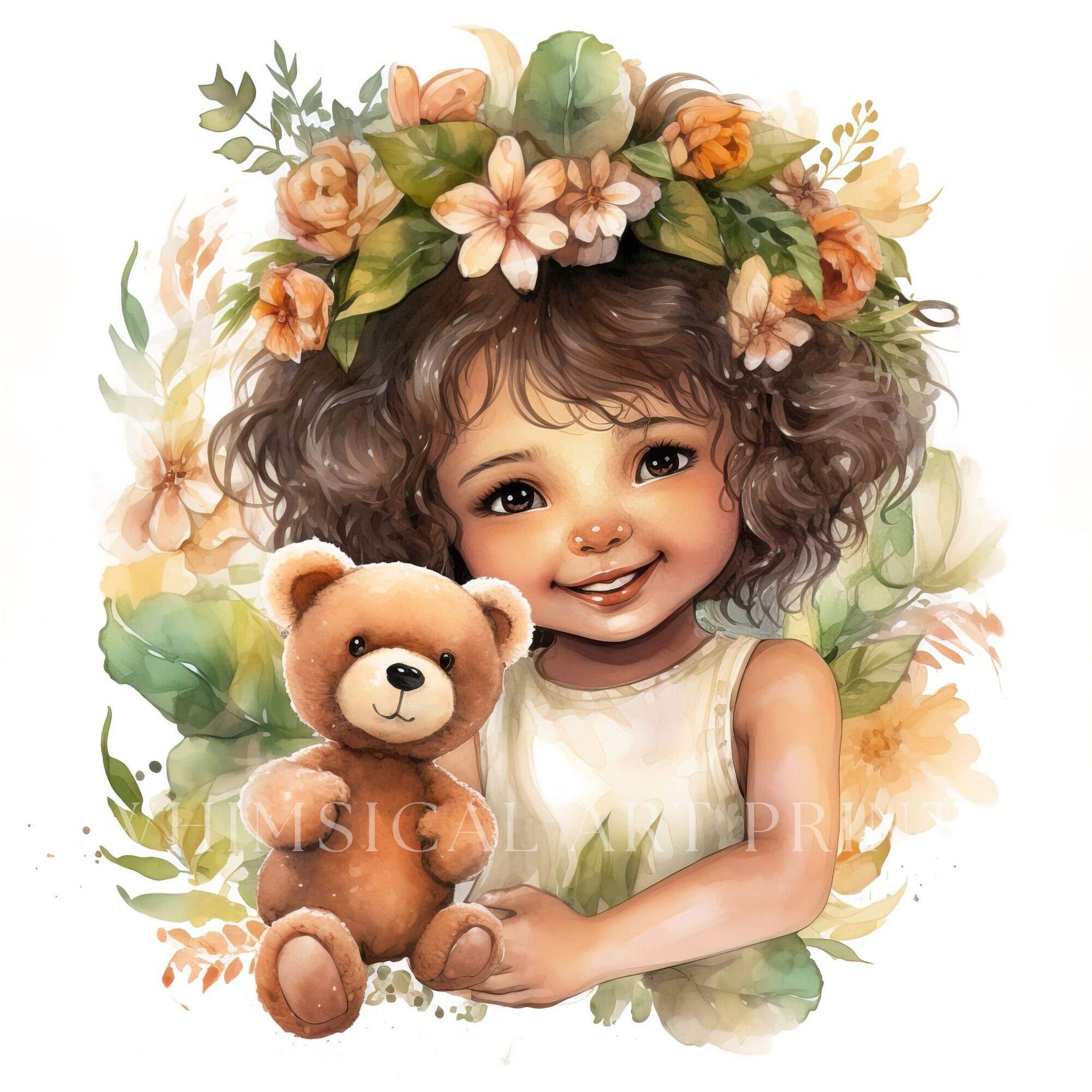 Cute Girl Teddy Bear Clipart, Watercolor Style Illustration, Happy Girl ...