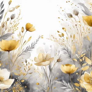 Watercolor Gold Floral Digital Paper: Grey Background (10 Jpgs) - Etsy