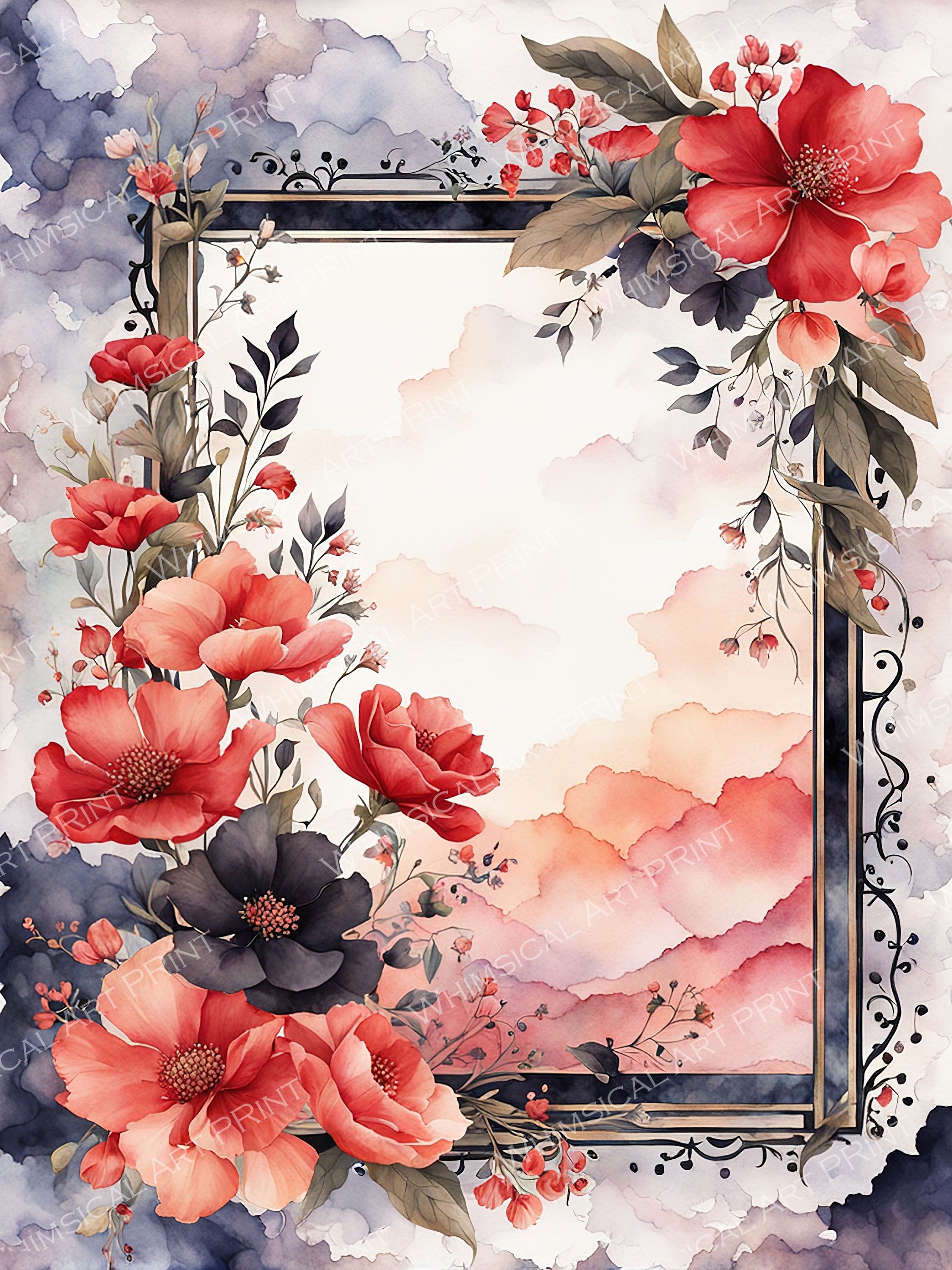 Red Floral Watercolor Frame: Black Accent Digital Paper Set (10 Jpgs ...