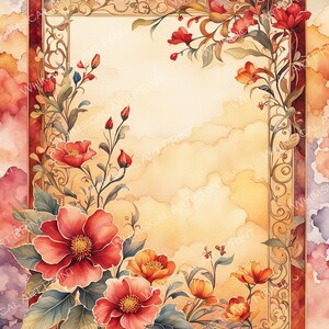 Watercolor Red and Orange Floral Border Digital Paper Pack, Botanical ...