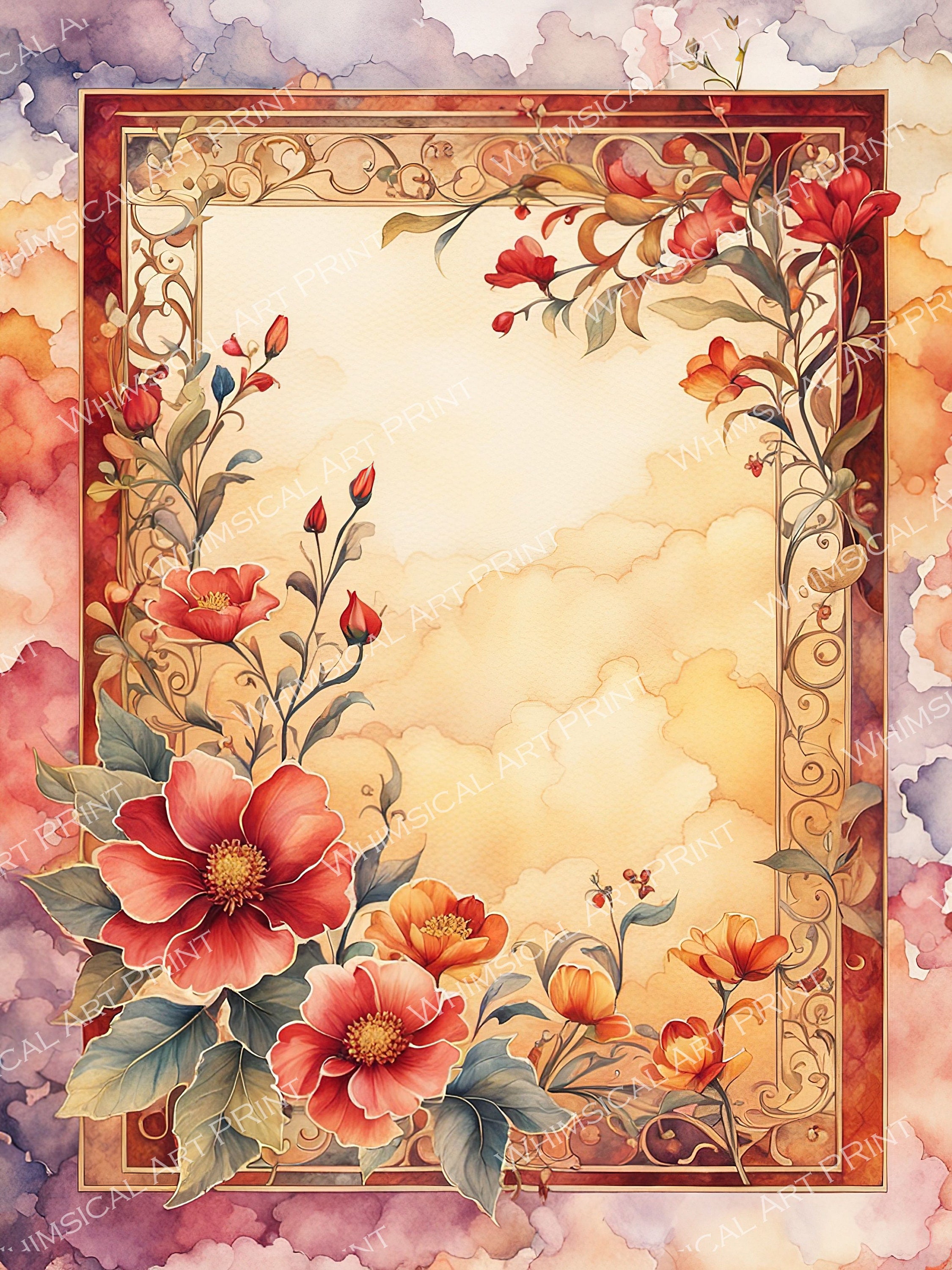 Watercolor Floral Border Digital Paper: Red & Orange Botanical Frames ...