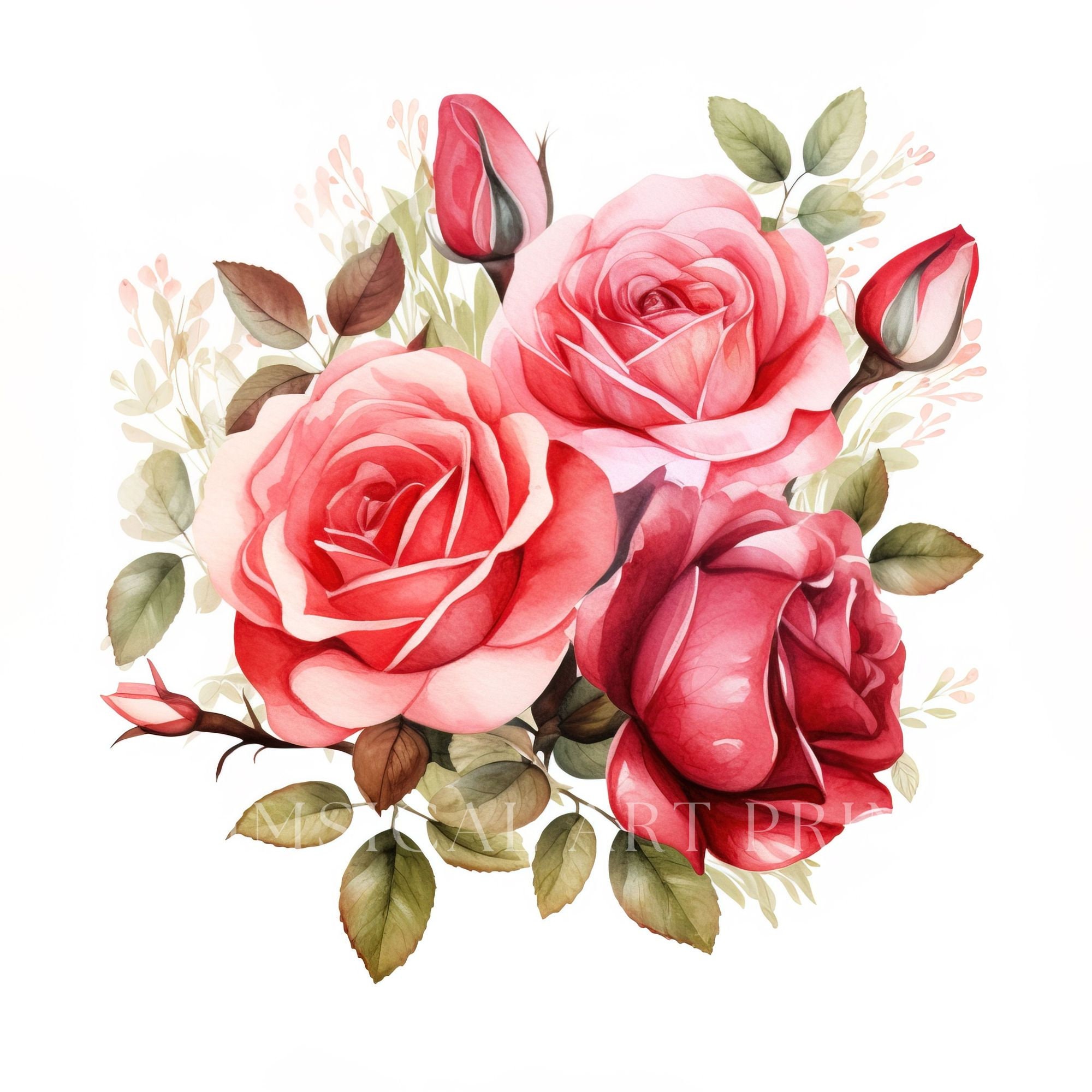 Red Roses Bouquet Clipart, Realistic Watercolor Red Roses PNG, Wedding ...