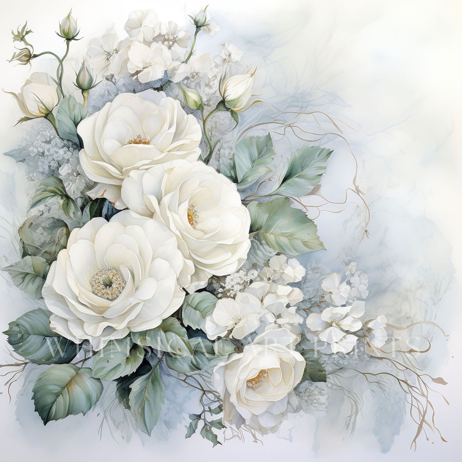 Romantic White Roses Digital Paper, Background Graphics, Watercolor ...