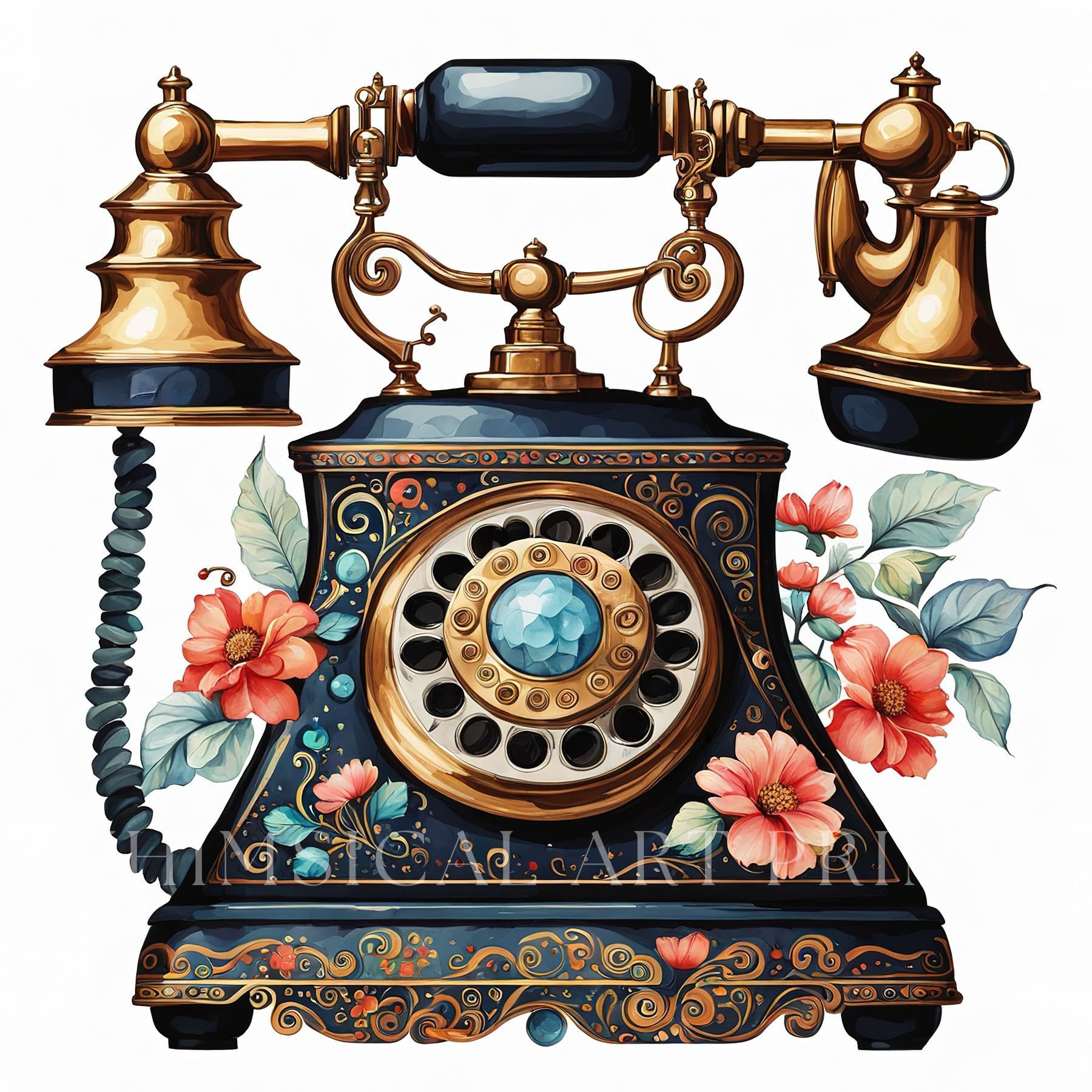 Watercolor Antique Telephones With Flowers: Boho Telephone Clipart ...