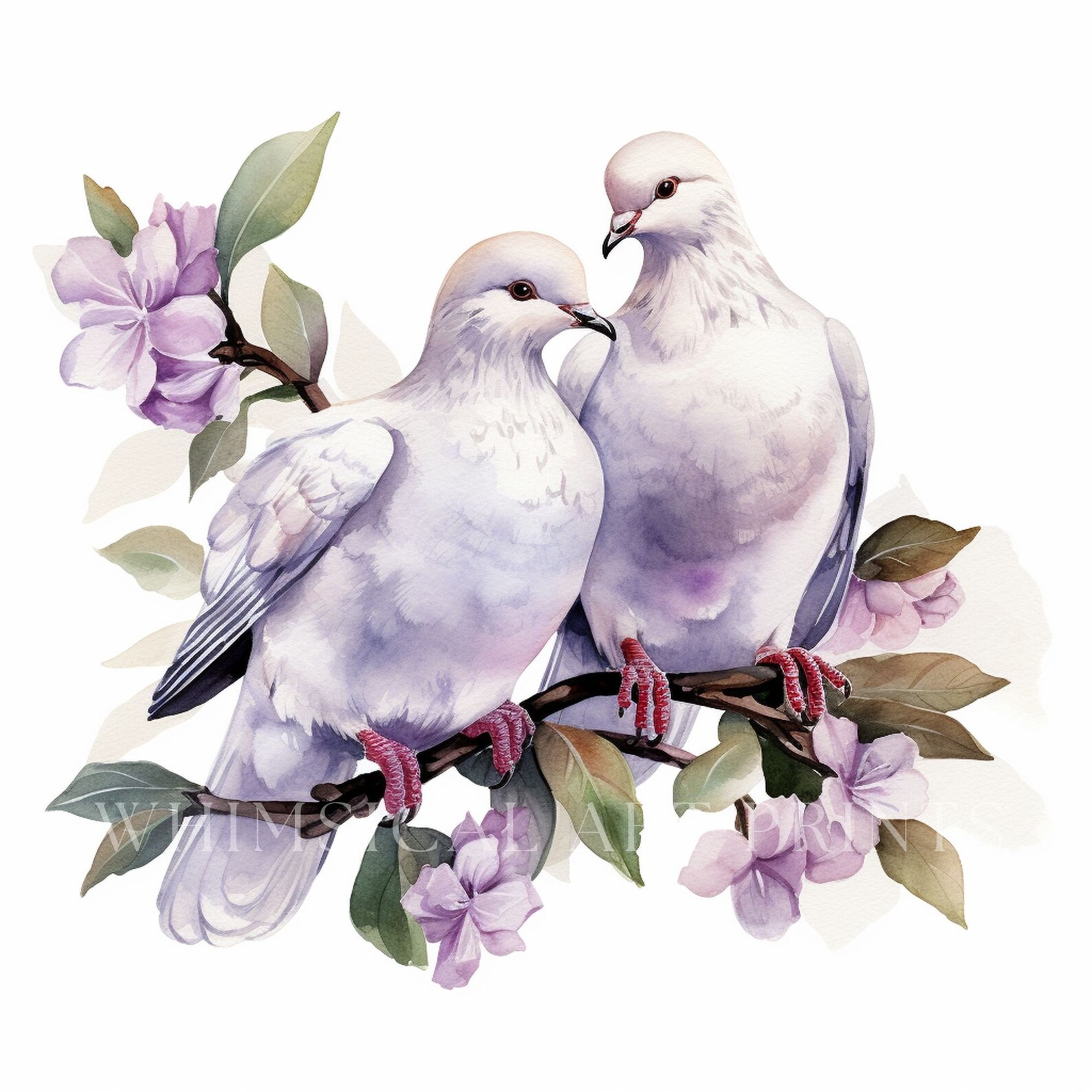 Dove Clipart, A Pair of White Doves on Flowery Branch Art Peaceful Bird ...