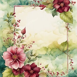Watercolor Floral Page Frame Digital Paper Pack, Burgundy Flowers ...