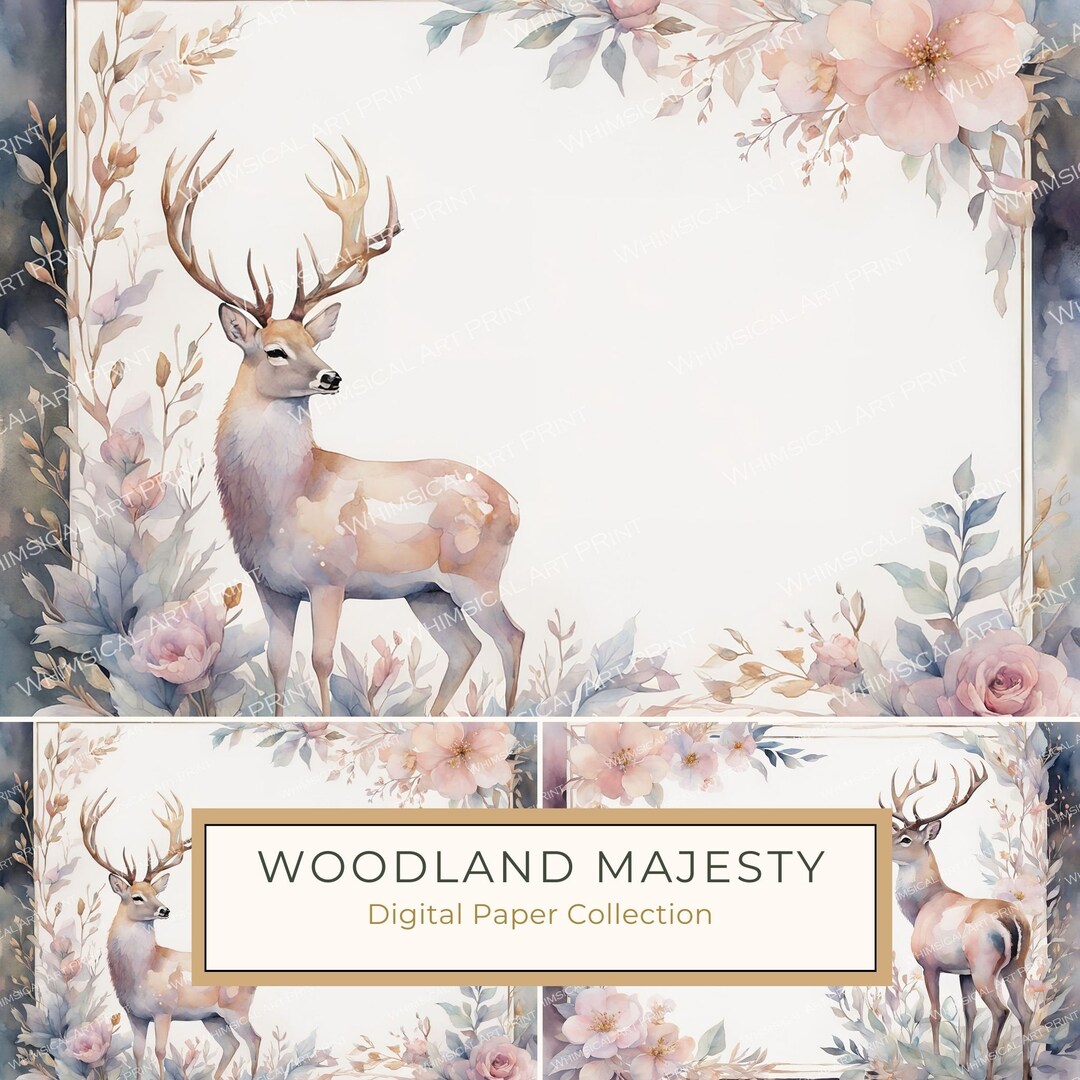 Watercolor Woodland Stag Digital Paper Pack, White Background, Page ...