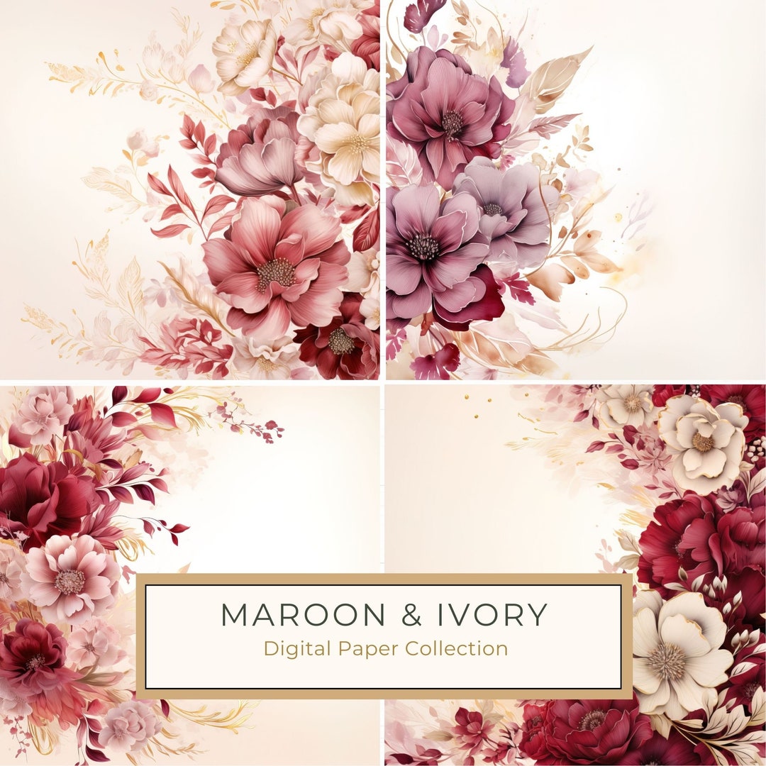 Maroon & Ivory Digital Paper, Floral Background Graphics, Watercolor ...