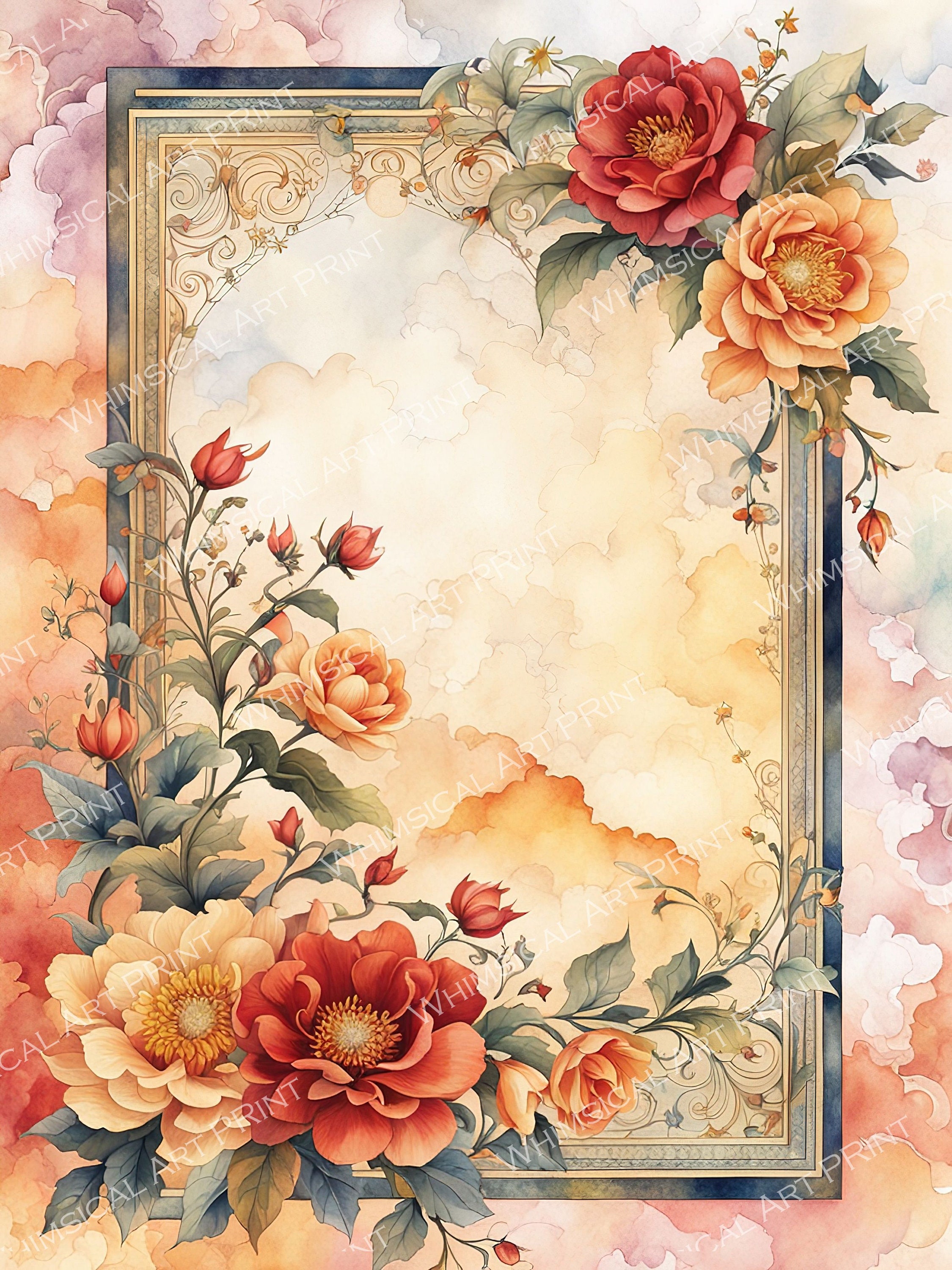 Watercolor Floral Border Digital Paper: Red & Orange Botanical Frames ...