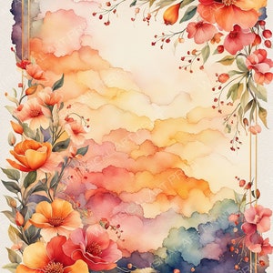 Watercolor Warm Summer Floral Digital Paper Pack, Orange Floral Border ...