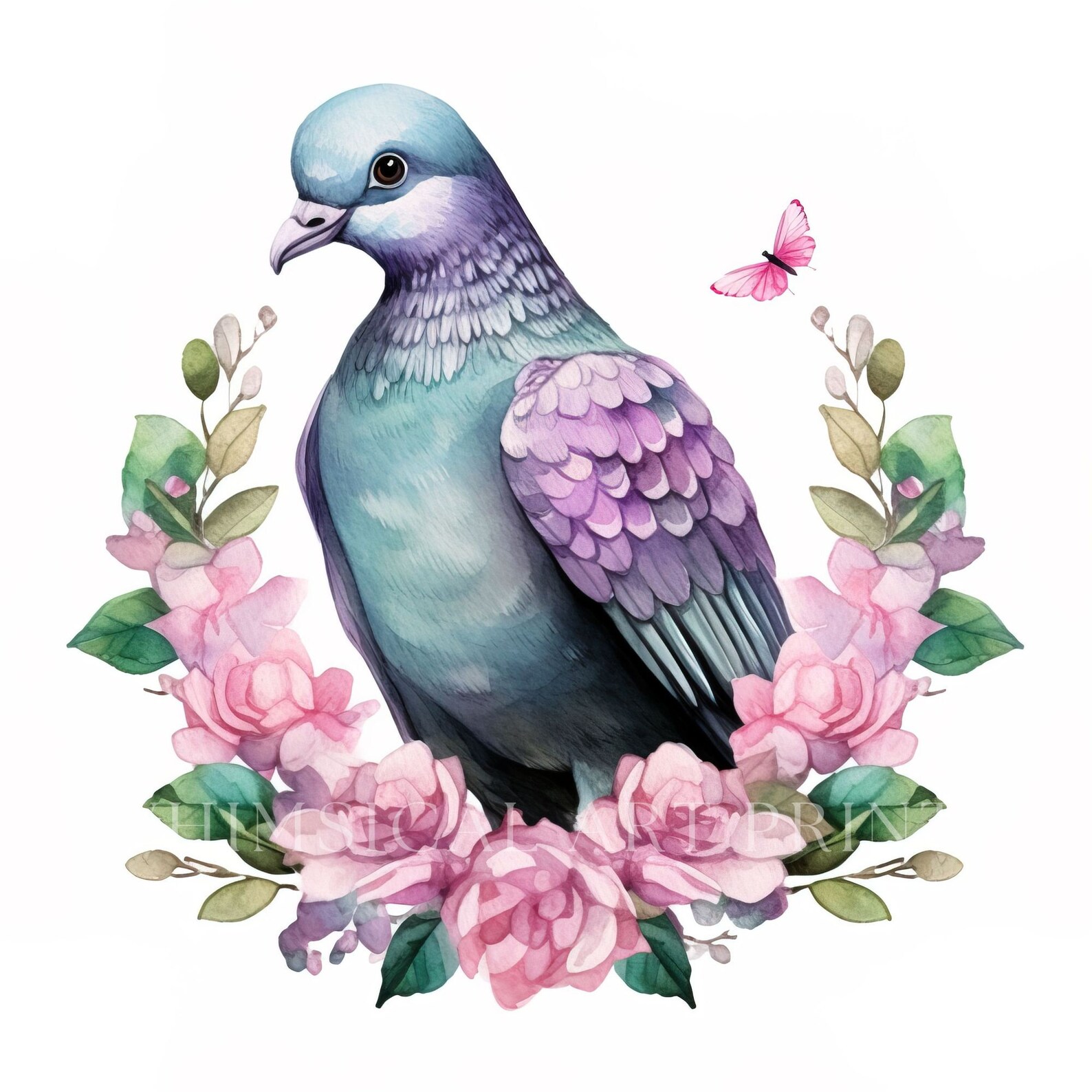 Pigeon Bird Clipart, Flowers, Green Pigeon on Flowery Branch Art ...