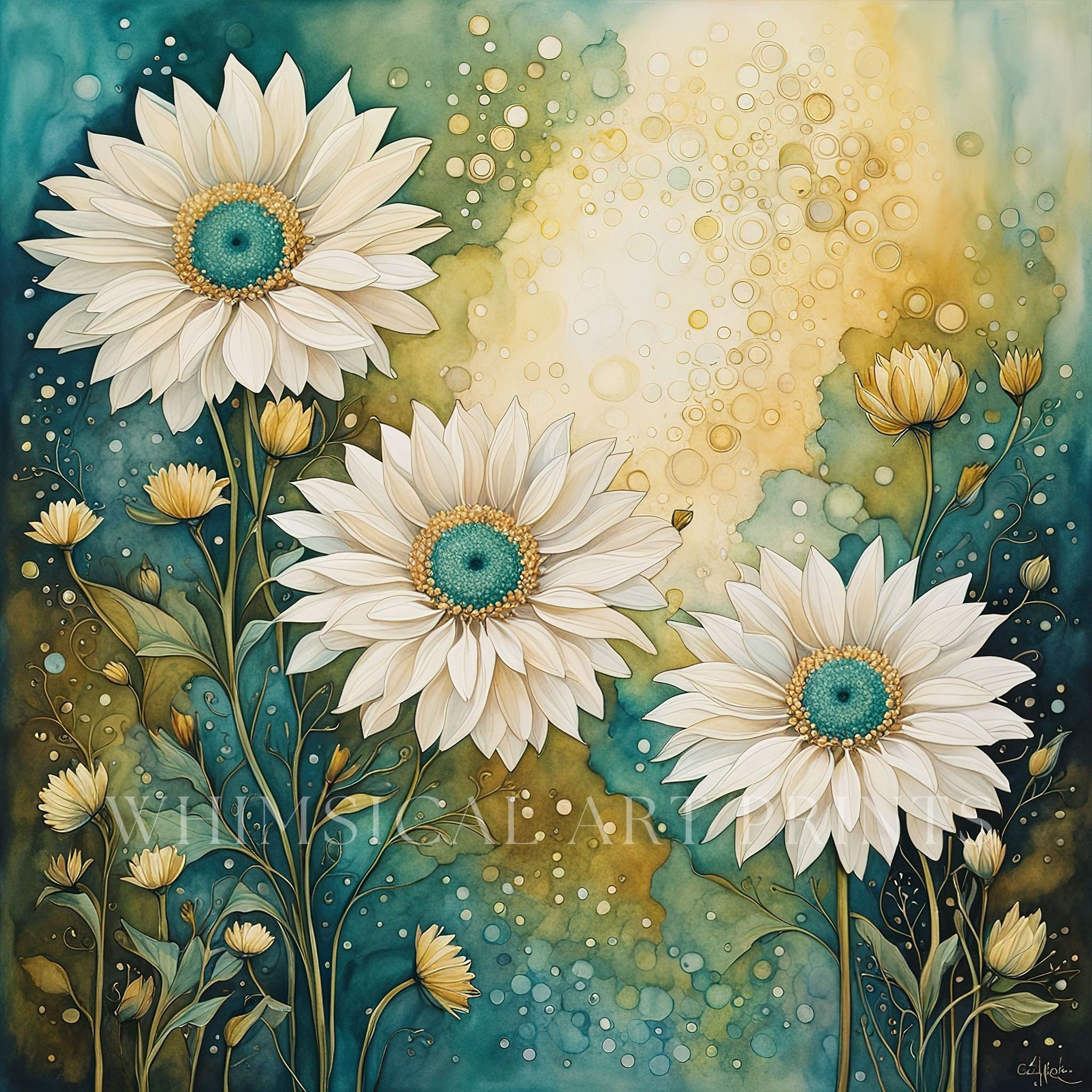 White Gerbera Daisies Digital Paper Set, Daisy on Teal Watercolor ...