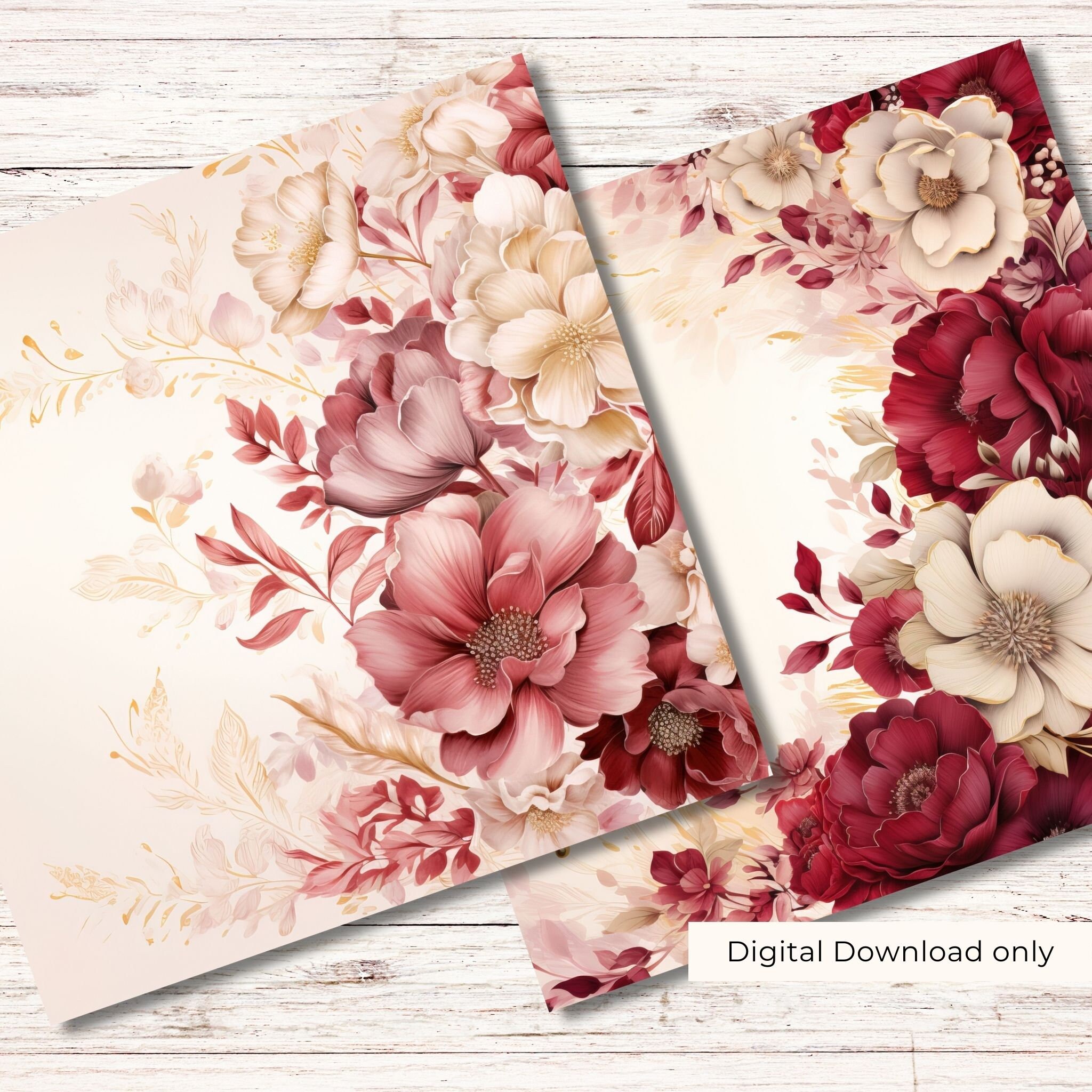 Maroon & Ivory Digital Paper, Floral Background Graphics, Watercolor ...