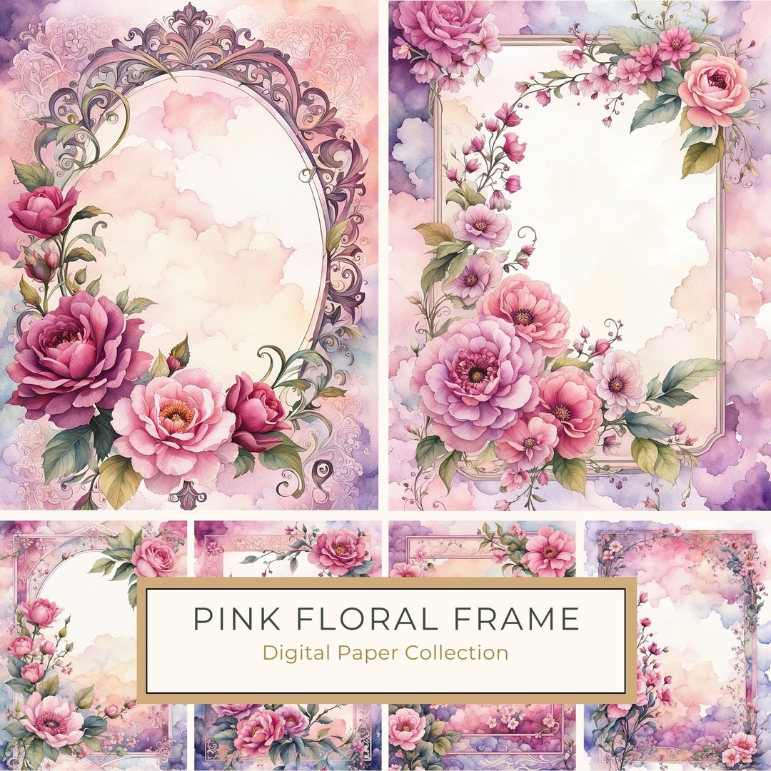 Watercolor Floral Frame Digital Paper: Pink & Mauve Botanical Borders ...