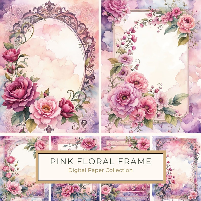 Watercolor Pink & Mauve Flowers Border Digital Paper Pack, Botanical ...