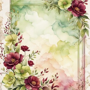 Watercolor Floral Page Frame Digital Paper Pack, Burgundy Flowers ...