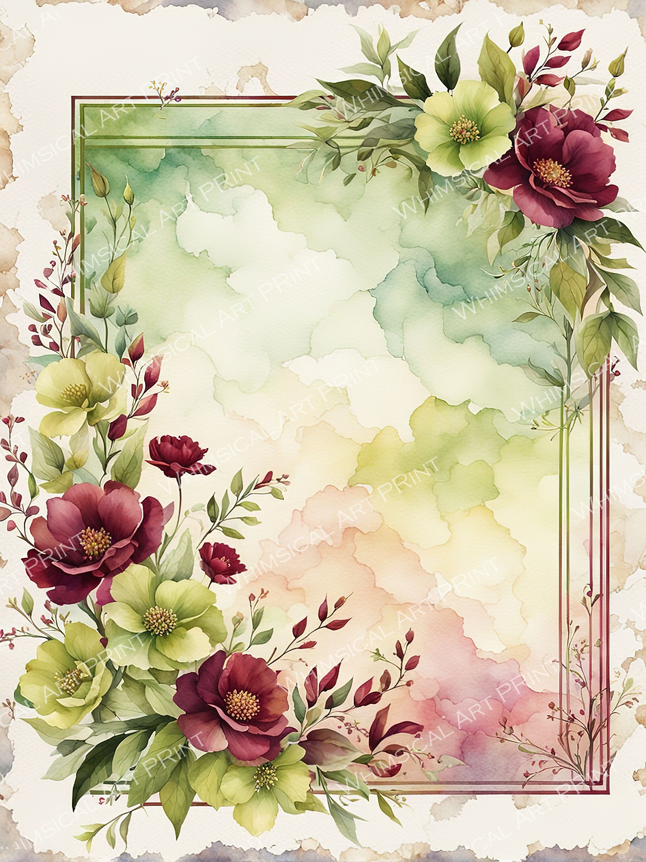 Watercolor Floral Page Frame Digital Paper Pack, Burgundy Flowers ...