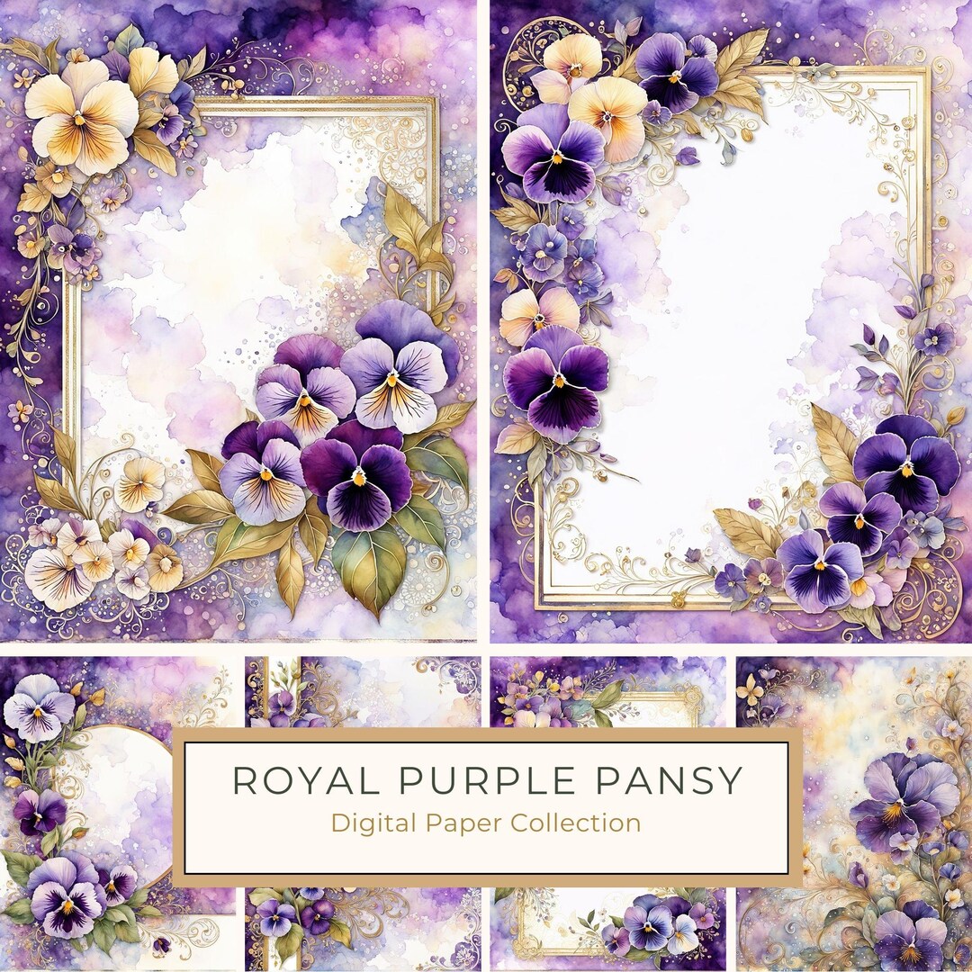 Vintage Pansy Frame Digital Paper, 10 JPG, Watercolor Floral Border ...
