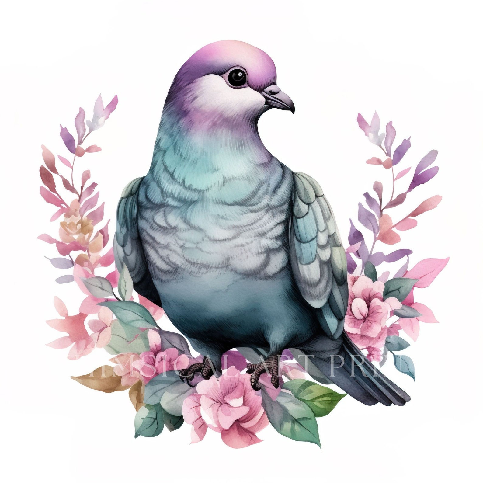 Pigeon Bird Clipart, Flowers, Green Pigeon on Flowery Branch Art ...