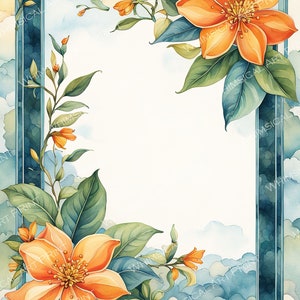 Watercolor Orange Floral Frame Digital Paper Pack: Boho Chic Prints ...