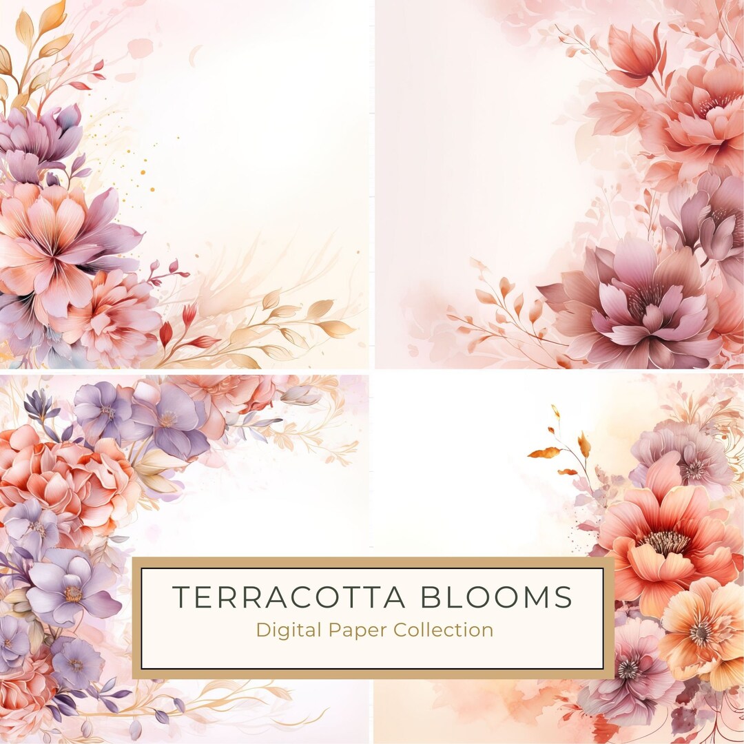 Terracotta Blooms Digital Paper, Floral Background Graphics, Watercolor ...