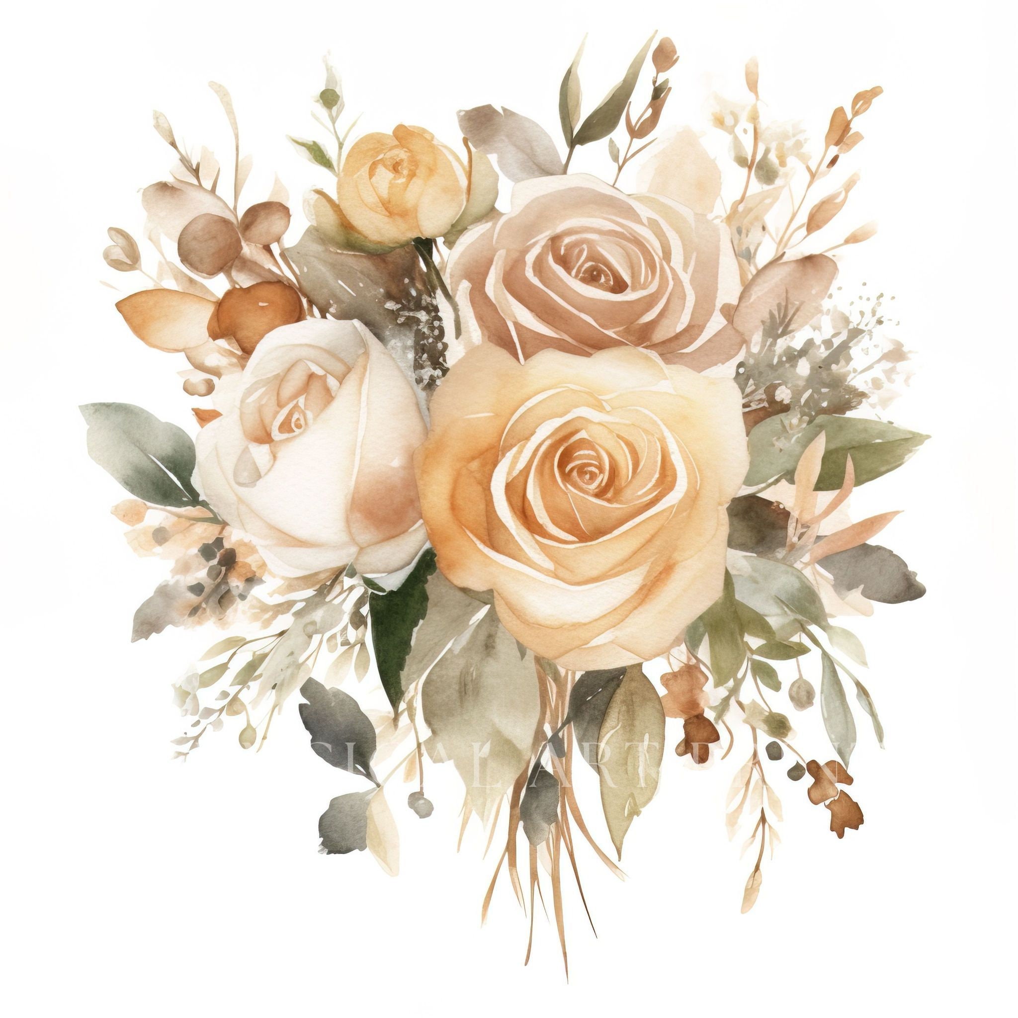Rustic Roses Clipart, Watercolor Flowers, Ochre Beige Roses Bouquet ...