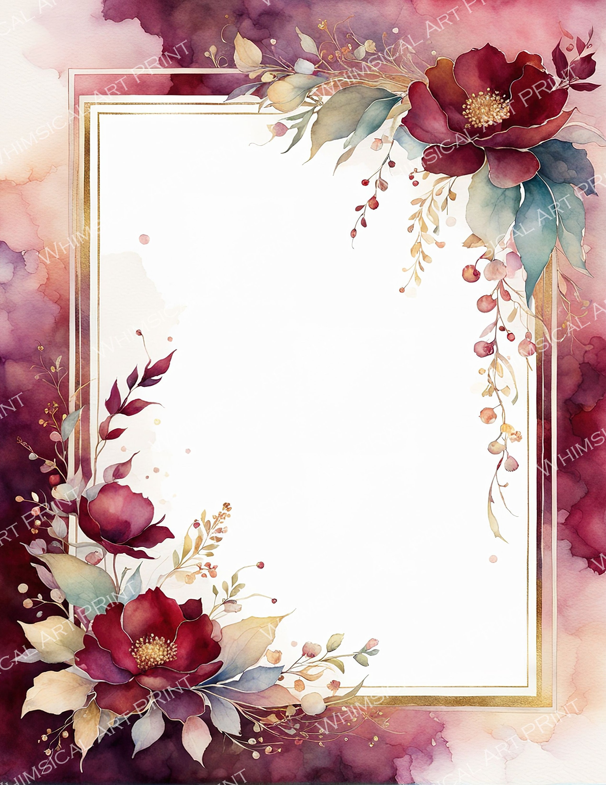 Watercolor Burgundy Pastel Floral Border Digital Paper, Botanical Frame ...