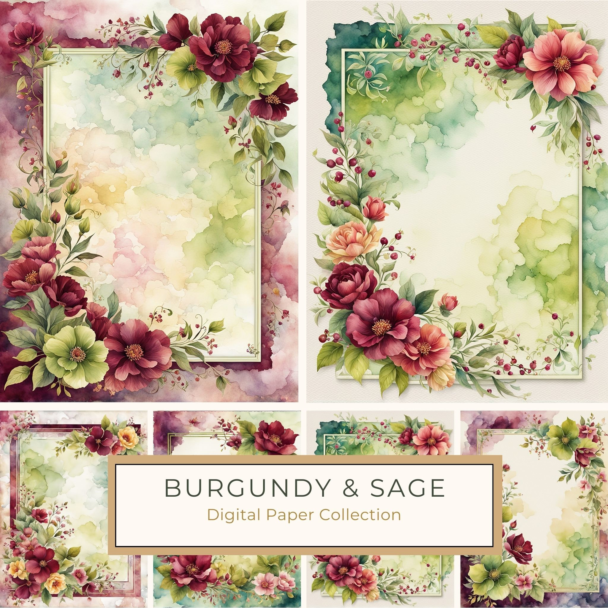 Watercolor Floral Page Frame Digital Paper Pack, Burgundy Flowers ...