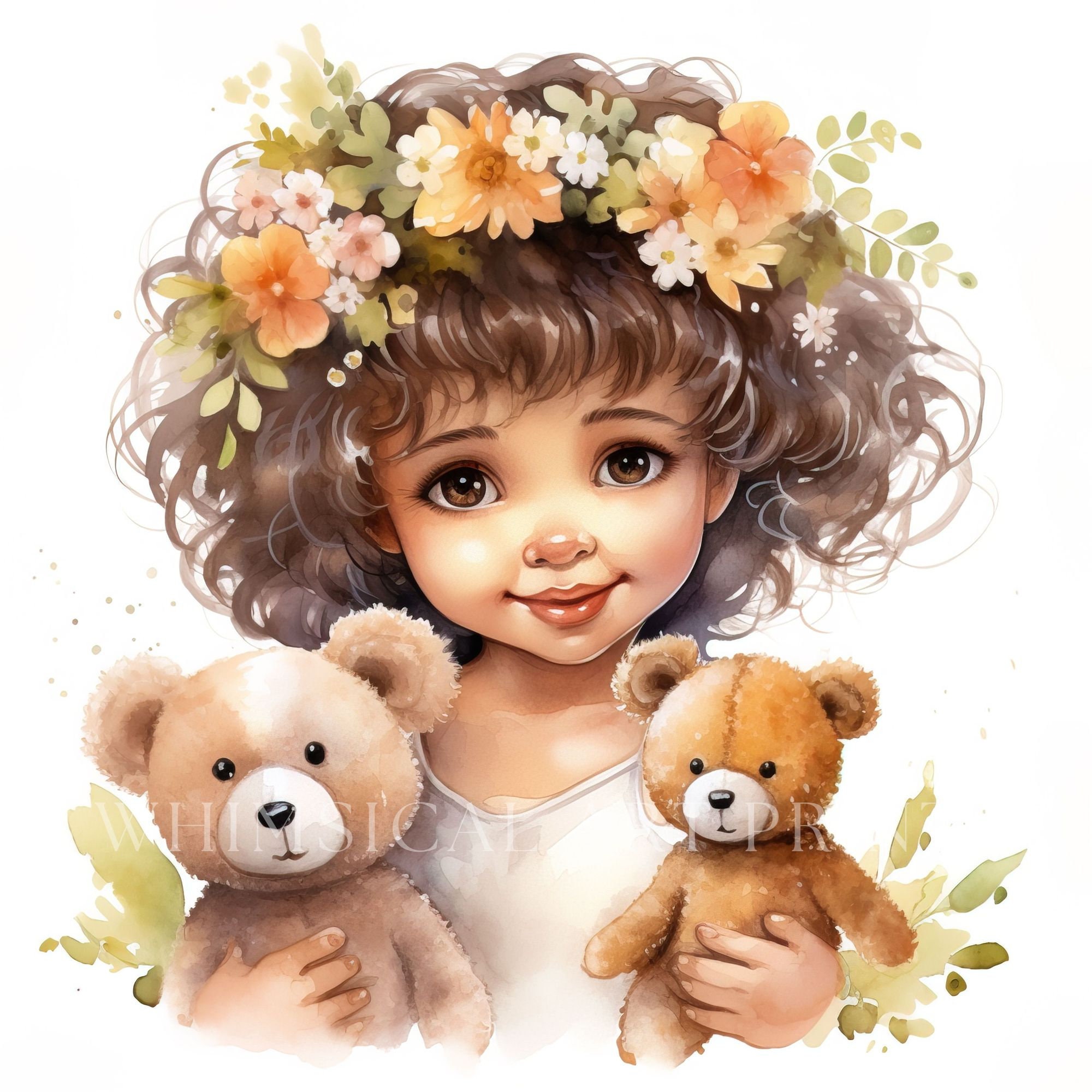 Cute Girl Teddy Bear Clipart, Watercolor Style Illustration, Happy Girl ...