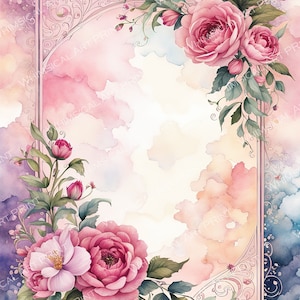 Watercolor Pink & Mauve Flowers Border Digital Paper Pack, Botanical ...