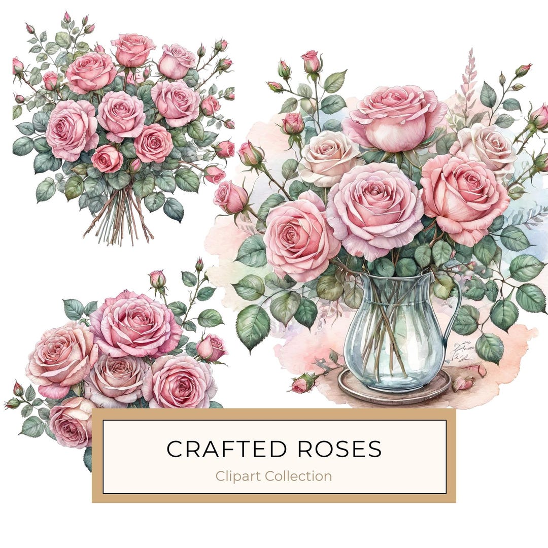 Watercolor Pink Roses Clipart: Floral Bouquet Graphics (JPG & PNG) - Etsy