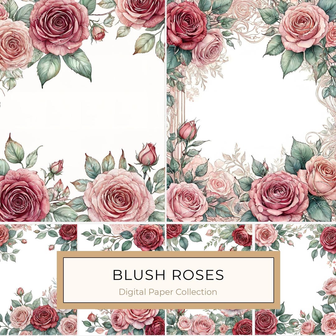 Watercolor Rose Digital Paper Set: Blush & Burgundy Floral Pngs ...