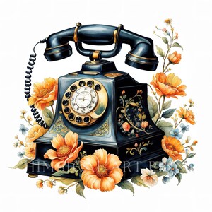 Watercolor Antique Telephones With Flowers: Boho Telephone Clipart ...